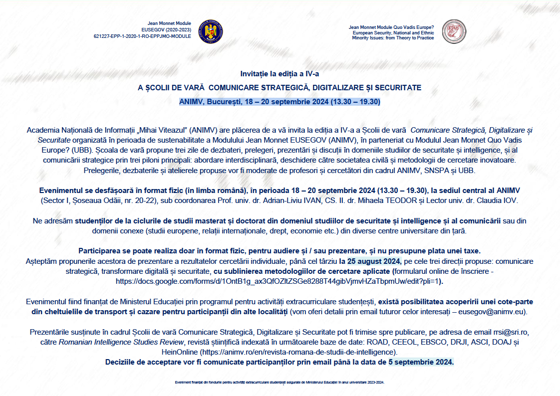 Invitație la ediția a IV-a ȘCOALA DE VARĂ | Academia Națională de ...